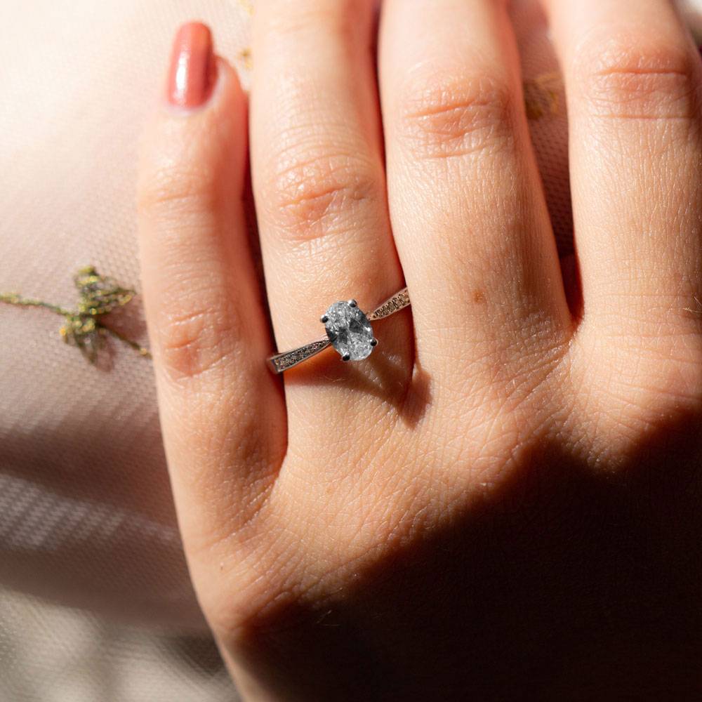 Elegant Oval Diamond Milgrain Shoulder Set Ring - Diamond Heaven