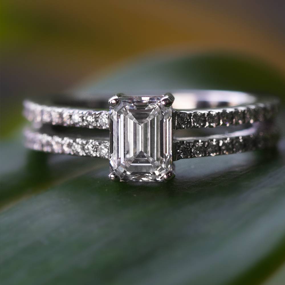 Emerald Diamond Split Shoulder Engagement Ring - Diamond Heaven