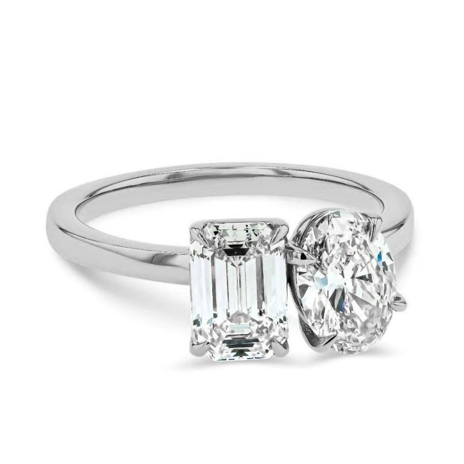 Emerald & Oval Two Stone Diamond Ring - Diamond Heaven